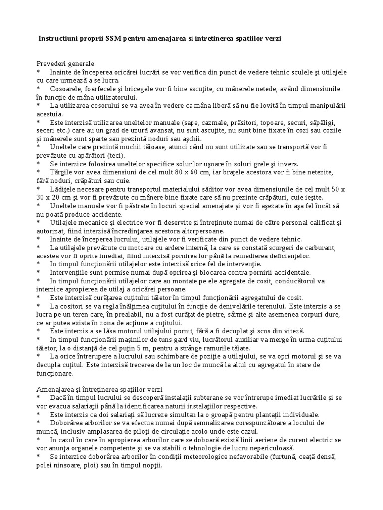 Instructiuni Proprii SSM Pentru Amenajarea Si Intretinerea Spatiilor Verzi | PDF