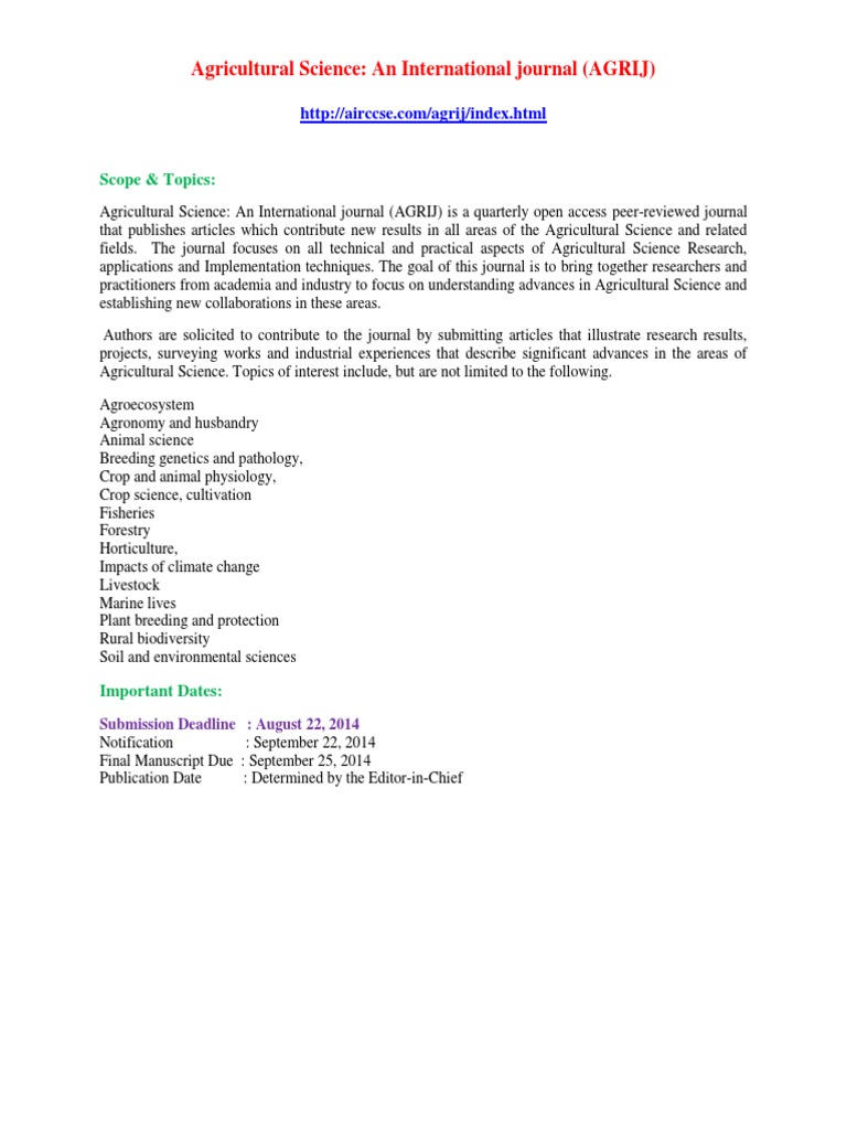 Agricultural Science: An International Journal (AGRIJ) : Scope & Topics ...