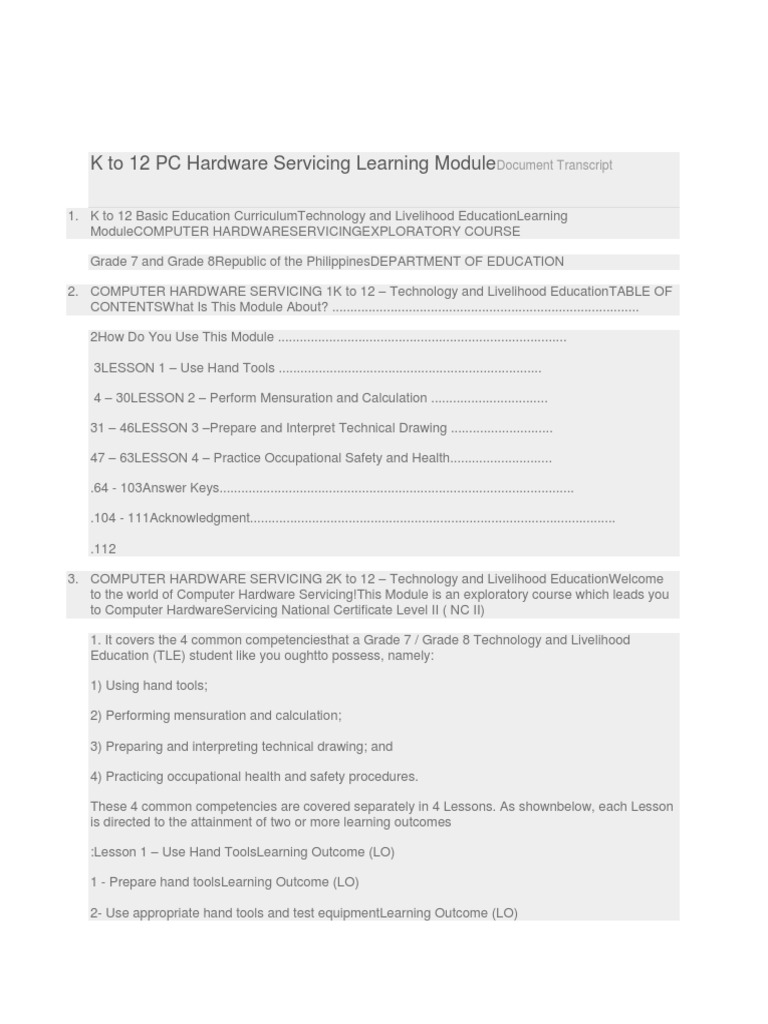 K To 12 PC Hardware Servicing Learning ModuleDocument Transcript | PDF | Hard Disk Drive ...