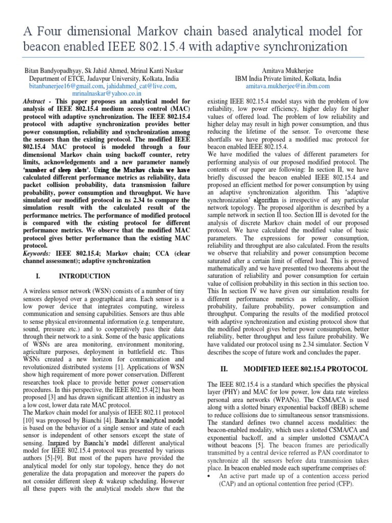 A Four Dimensional Markov Chain Based Analytical Model For Beacon Enabled IEEE 802.15.4 With ...