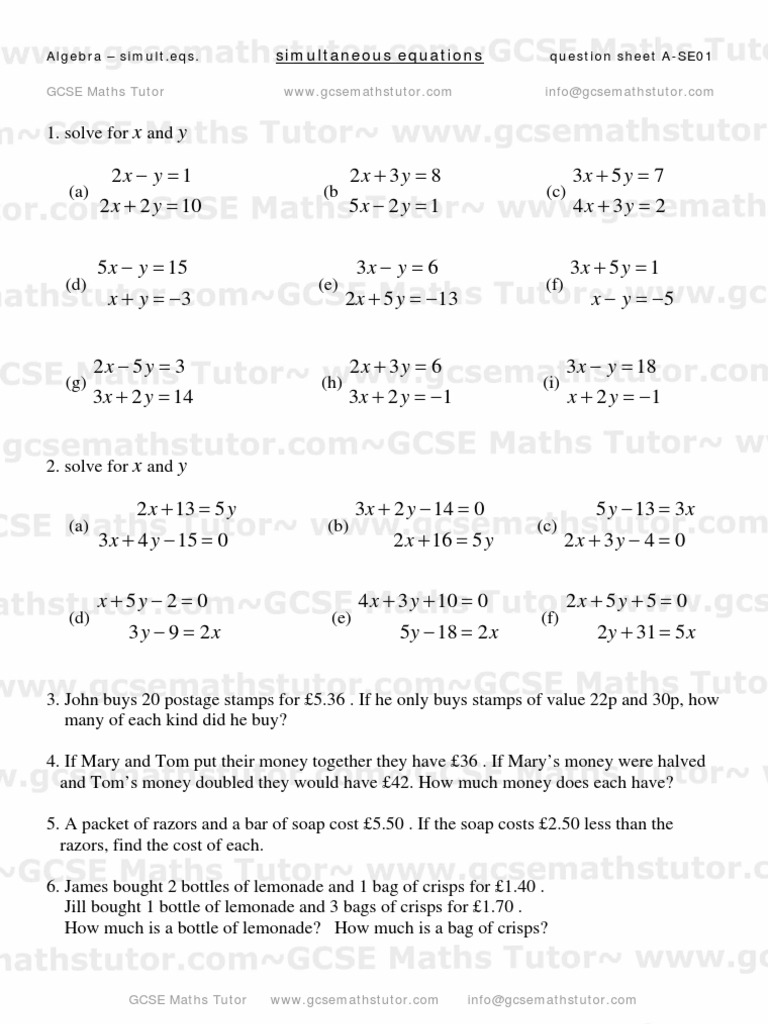 Simultaneous Equations Worksheet #01, Algebra Revision From GCSE Maths ...