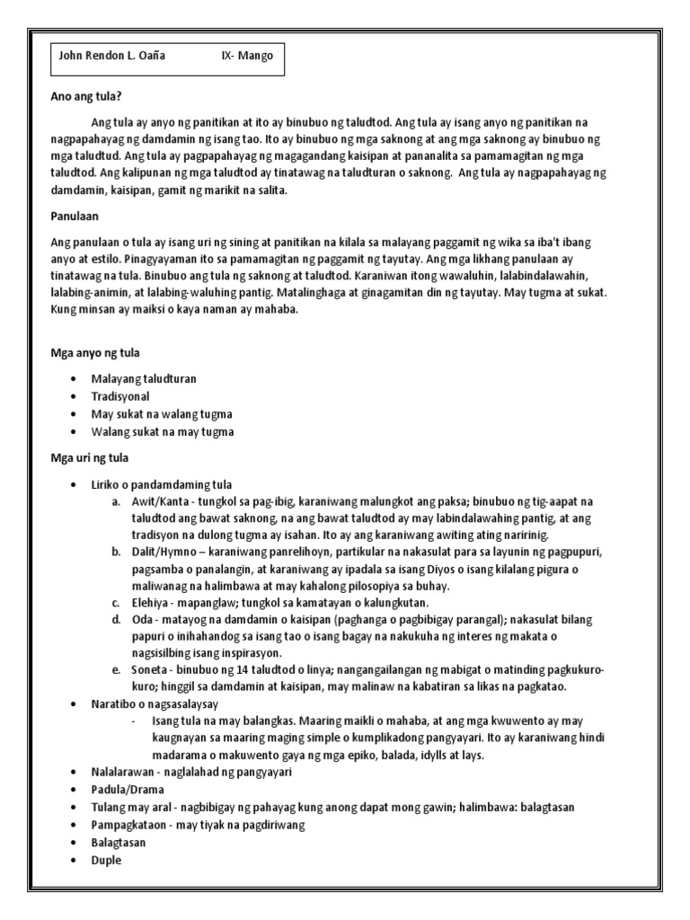 Uri at Elemento NG Tula | PDF