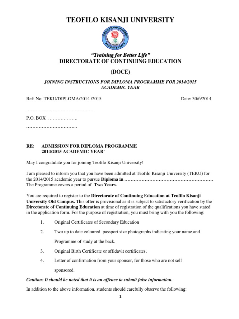 Joining Instruction Diploma August 2014 | Fee | Academia