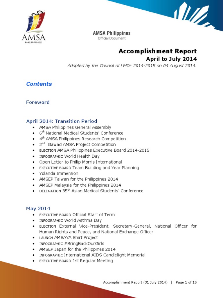 Accomplishment Report (31 July 2014) | Government Health Care | Wellness
