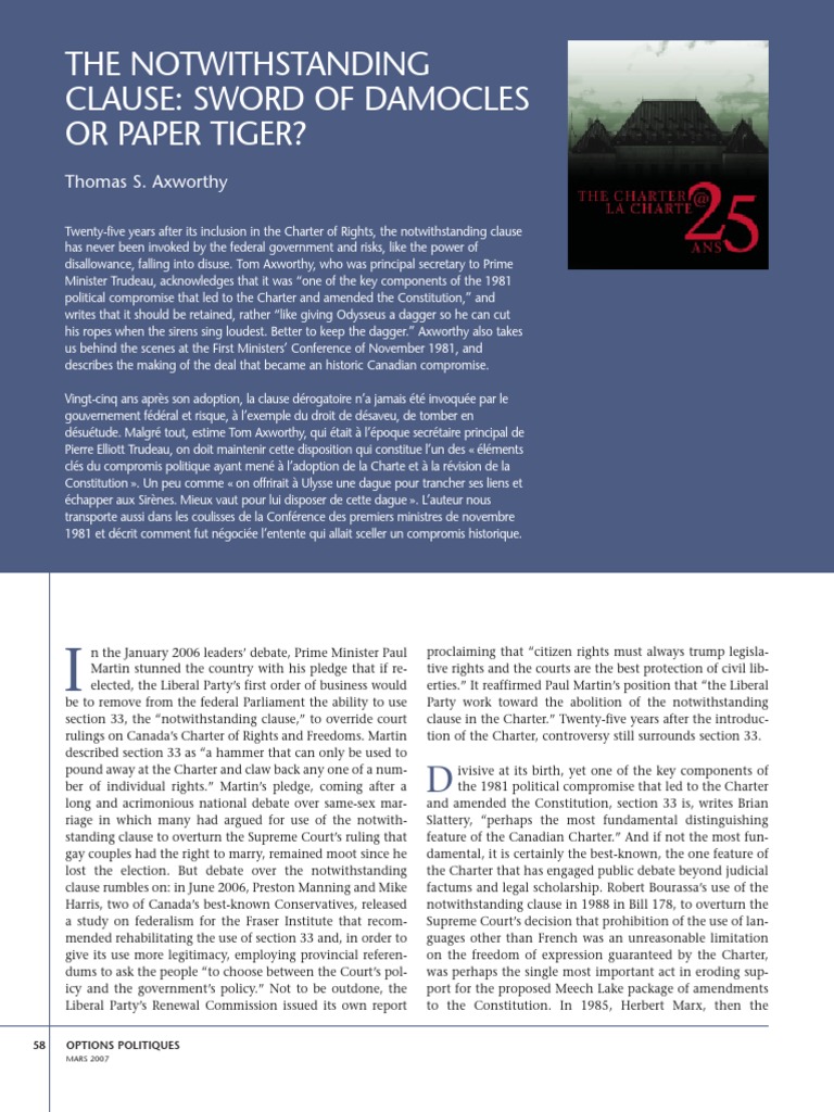 The Notwithstanding Clause: Sword of Damocles or Paper Tiger? | PDF ...