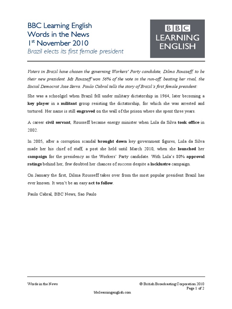 English Learners: Brazil's First Female President | PDF