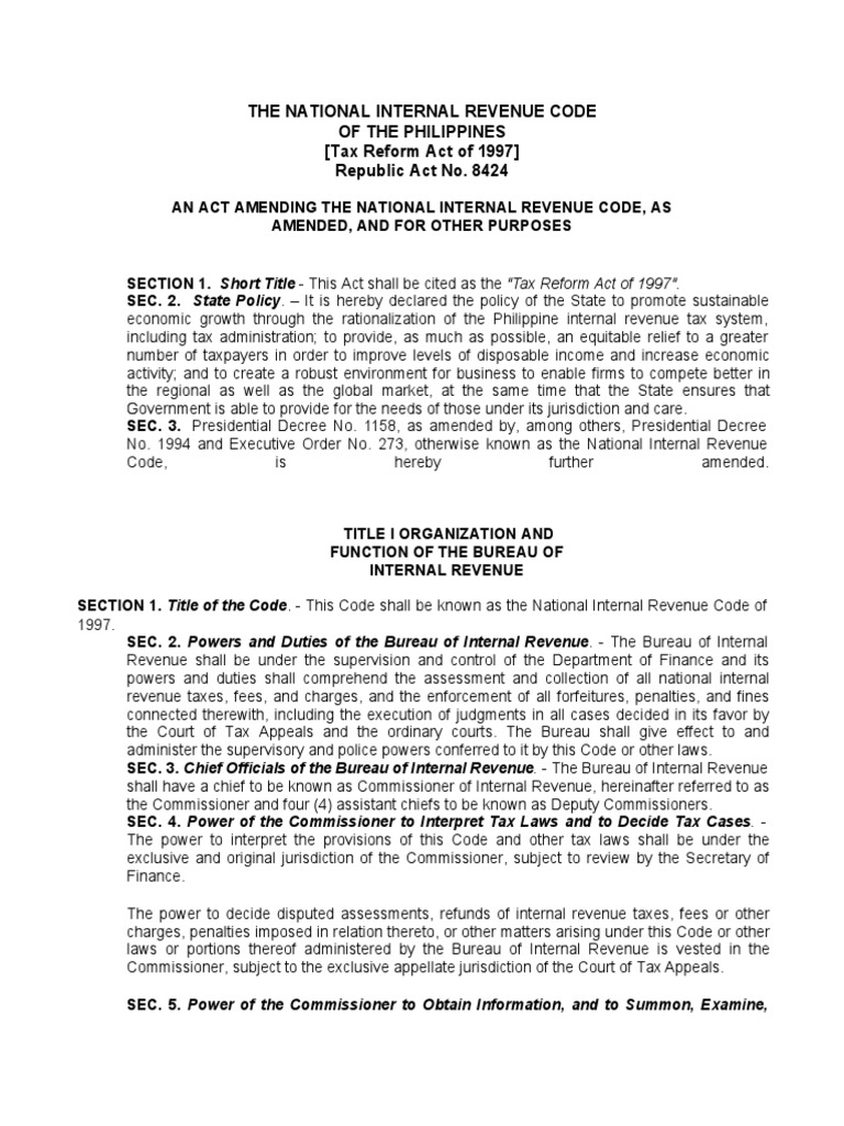 The National Internal Revenue Code of The Philippines (Tax Reform Act ...