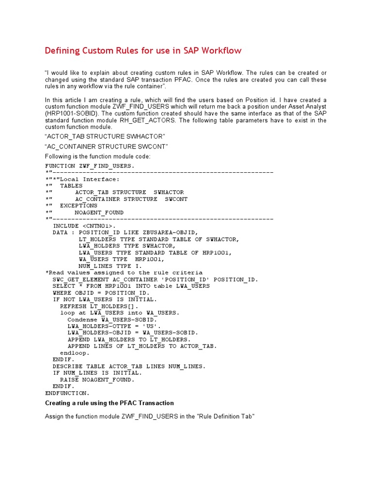 Defining Custom Rules For Use in SAP Workflow: Creating A Rule Using The PFAC Transaction | PDF ...