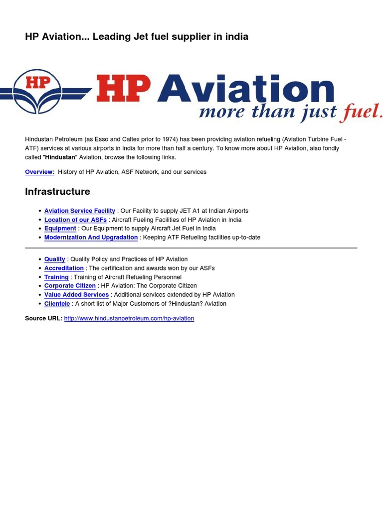 HP Aviation... Leading Jet Fuel Supplier in India: Overview | PDF