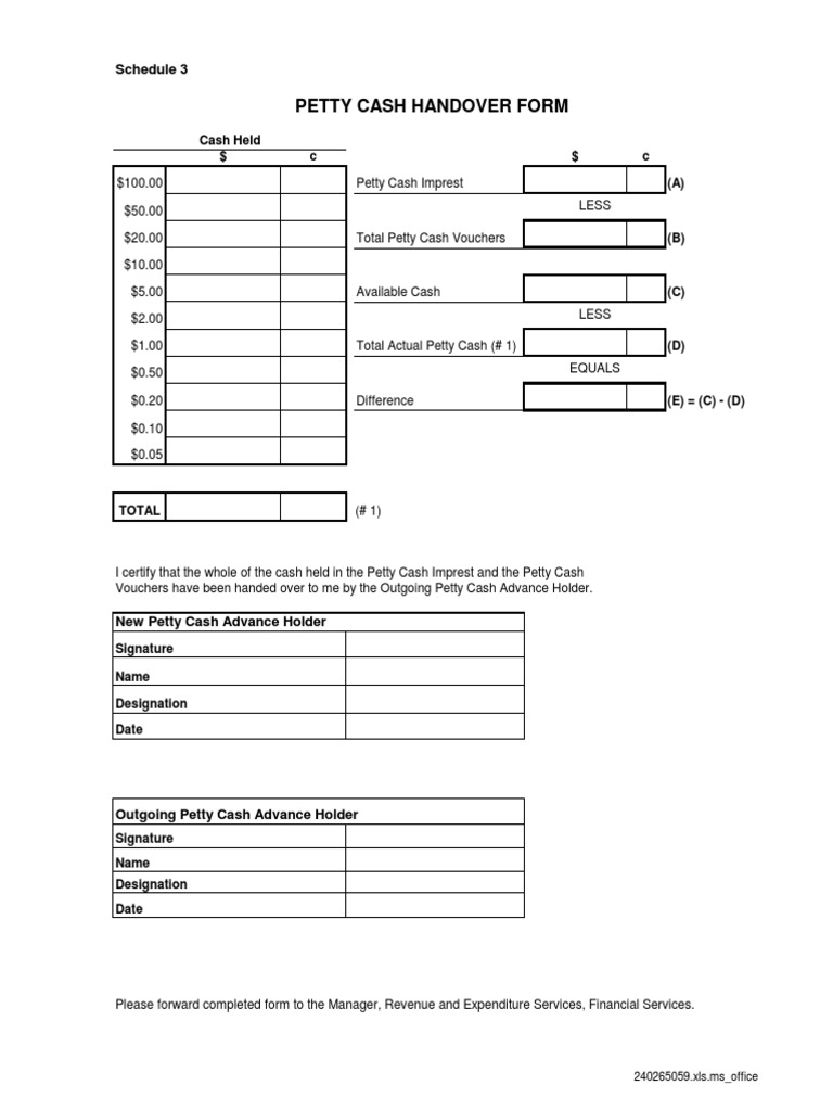 Petty Cash Handover Form: Schedule 3 | PDF