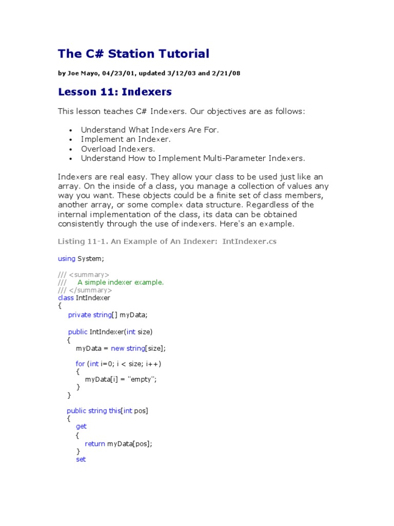 The C Station Tutorial Lesson 11 Indexers Pdf Array Data Type Parameter Computer