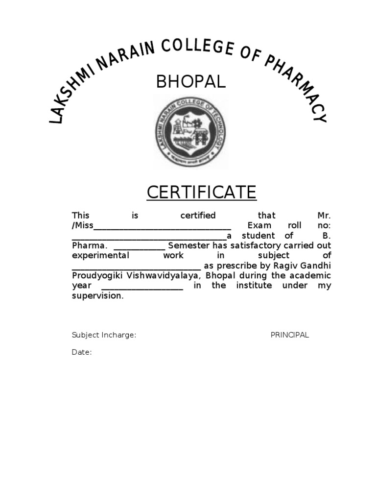 Bhopal B. Pharma Certificate Template | PDF | Career & Growth