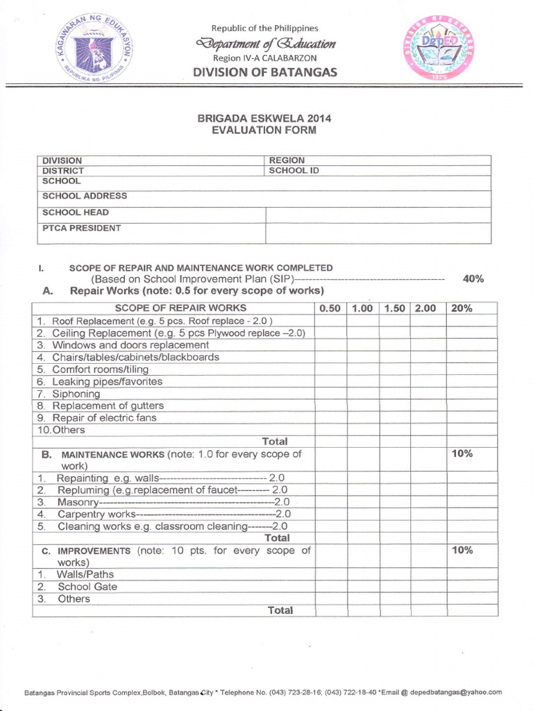 Brigada Eskwela 2014 Evaluation Form | PDF | Building Engineering