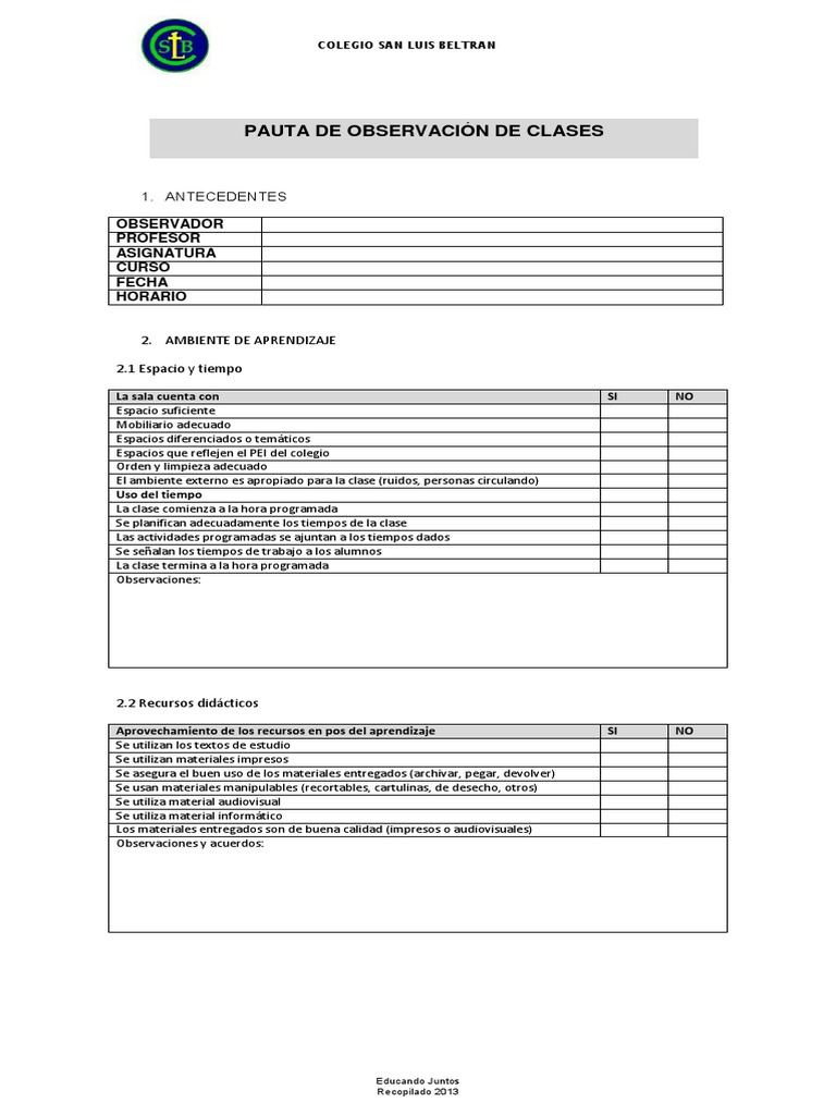 Pauta Observación Clases | PDF | Aprendizaje | Maestros