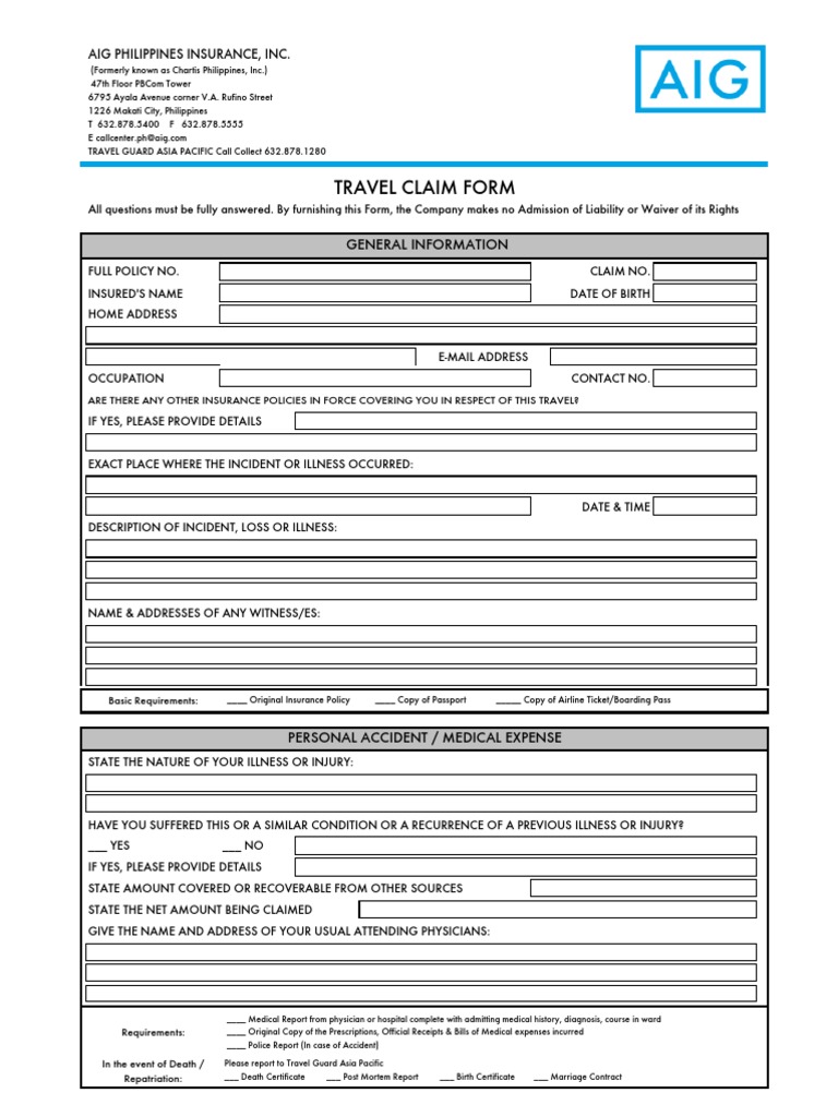 Aig Travel Guard - Travel Claim Form.pdf | American International Group | Airlines