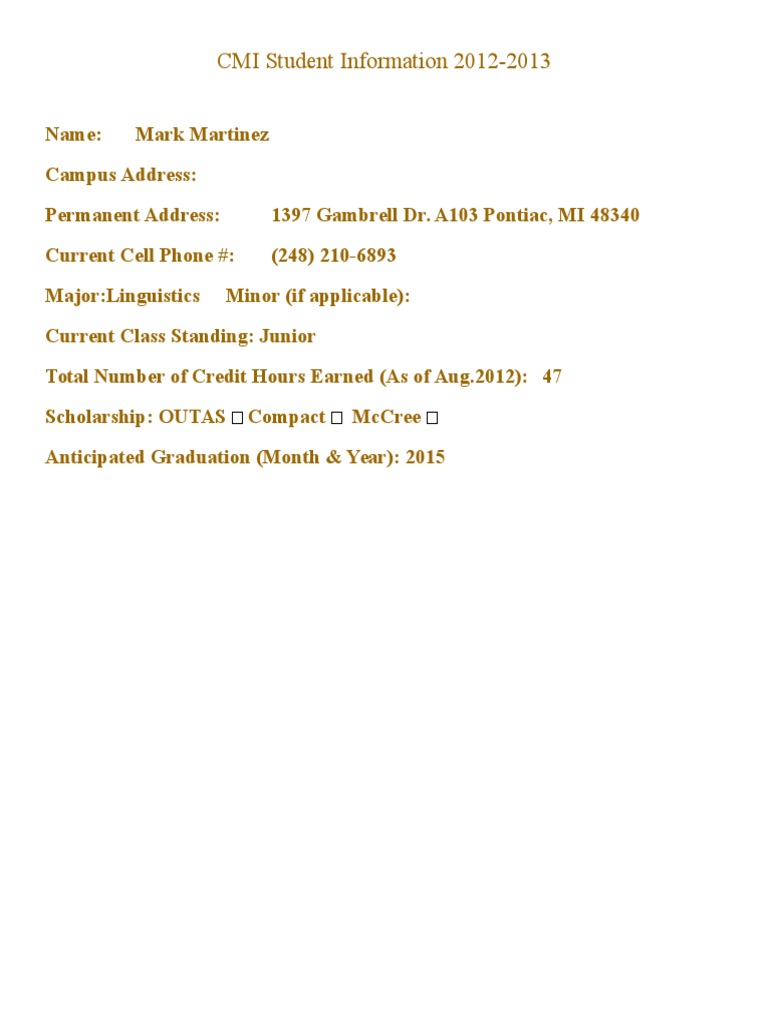 CMI Student Information Sheet Updated | PDF