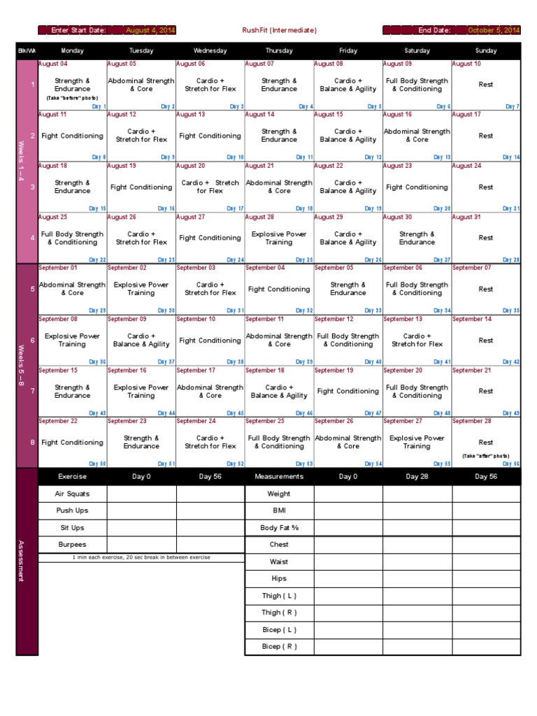 RushFit Intermediate Workout Schedule | PDF | Aerobic Exercise ...