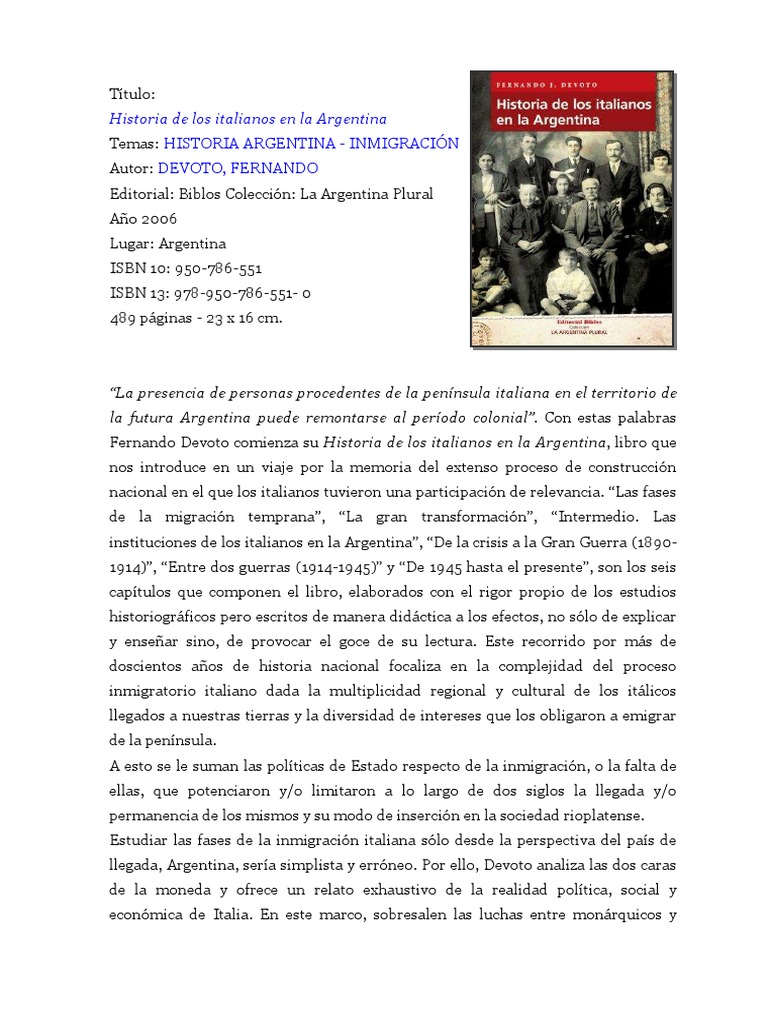 Historia de Los Italianos en La Argentina | PDF | Italia | Inmigración