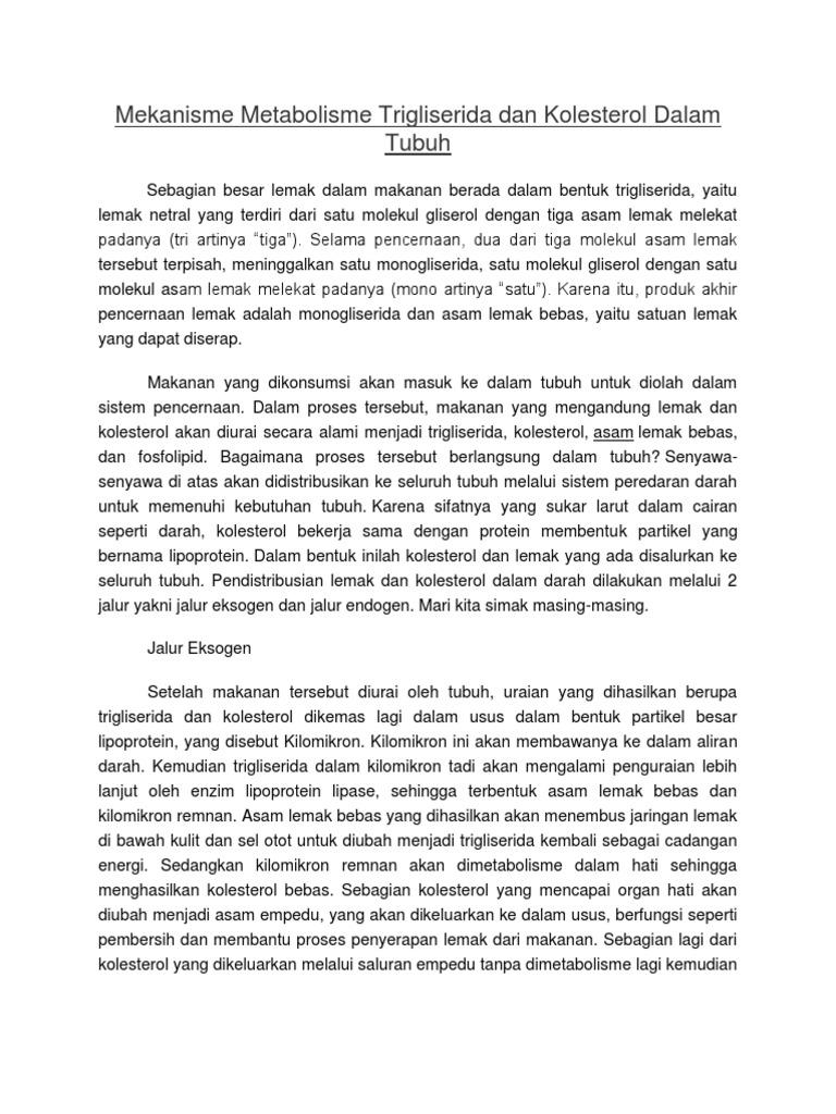 Mekanisme Metabolisme Trigliserida Dan Kolesterol Dalam Tubuh | PDF
