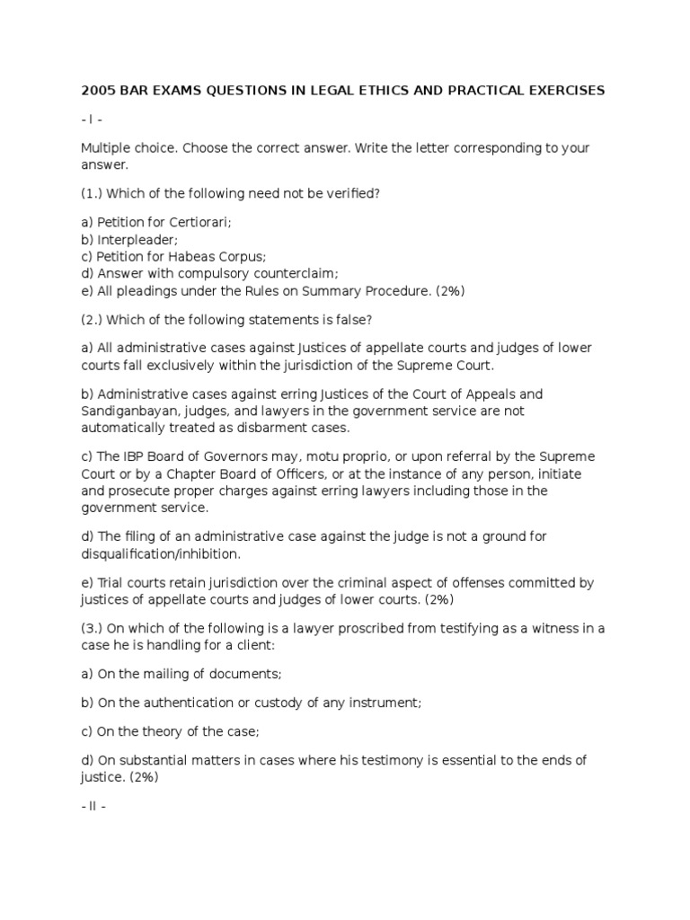 Bar Exams Questions in Legal Ethics and Practical Exercises | PDF ...