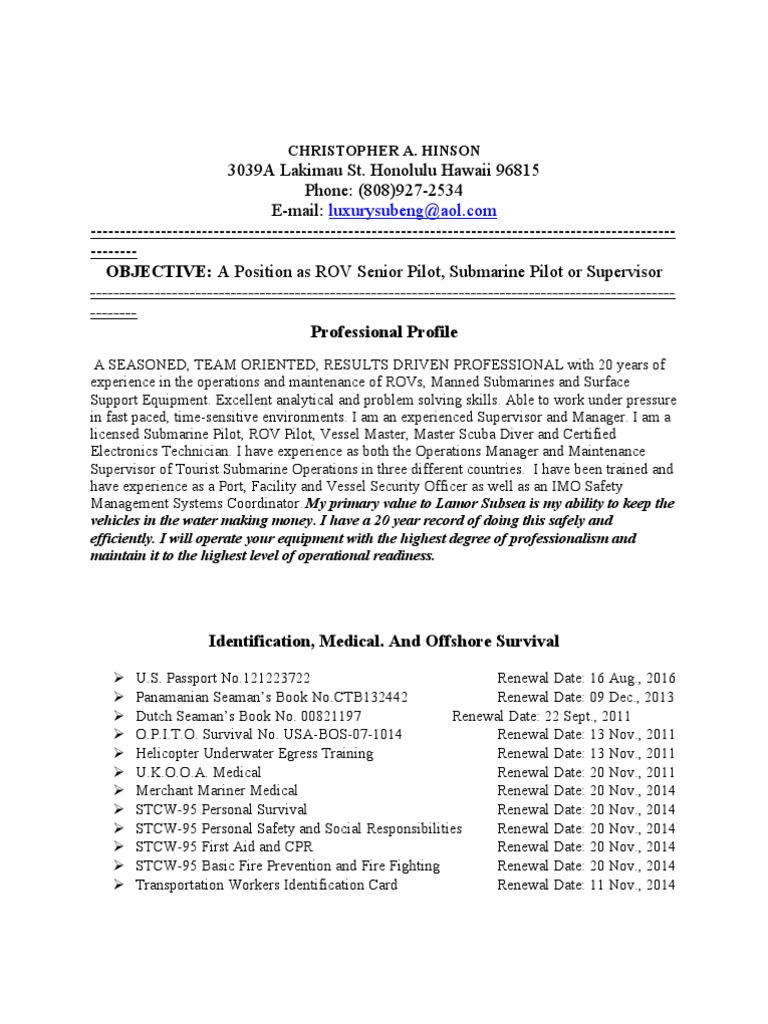 Chris Hinson CV Lamor | PDF | Submarines | Scuba Diving