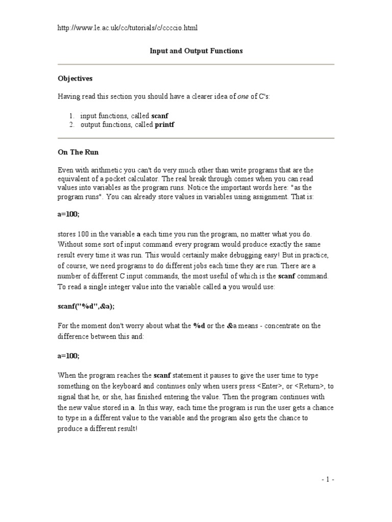 Input and Output Functions in C | PDF | Integer (Computer Science) | C ...