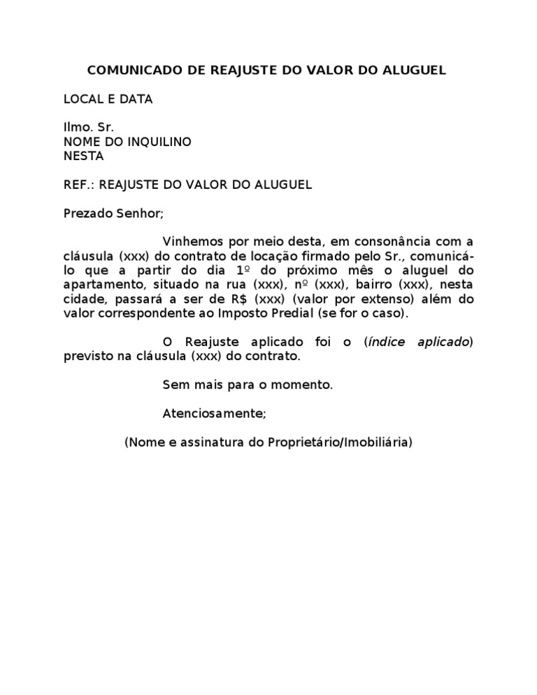 Comunicado de Reajuste Do Valor Do Aluguel