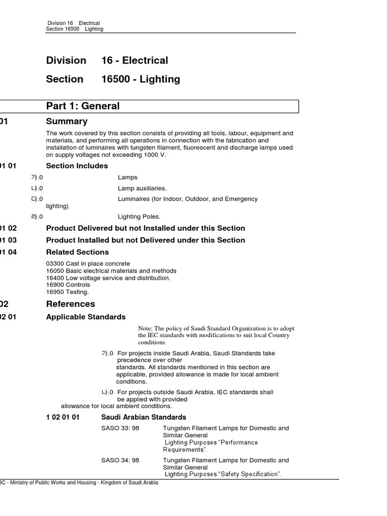 Division 16 - Electrical Section 16500 - Lighting | PDF | Fluorescent Lamp | Incandescent Light Bulb