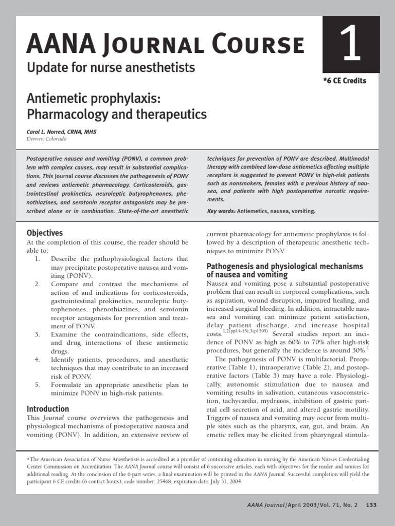 AANA Journal Course: Update For Nurse Anesthetists Antiemetic ...