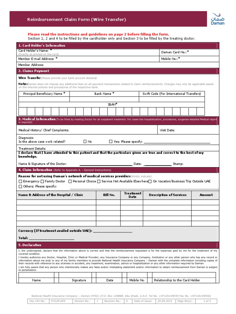Reimbursement Claim Form (Wire Transfer) | PDF | United Arab Emirates ...