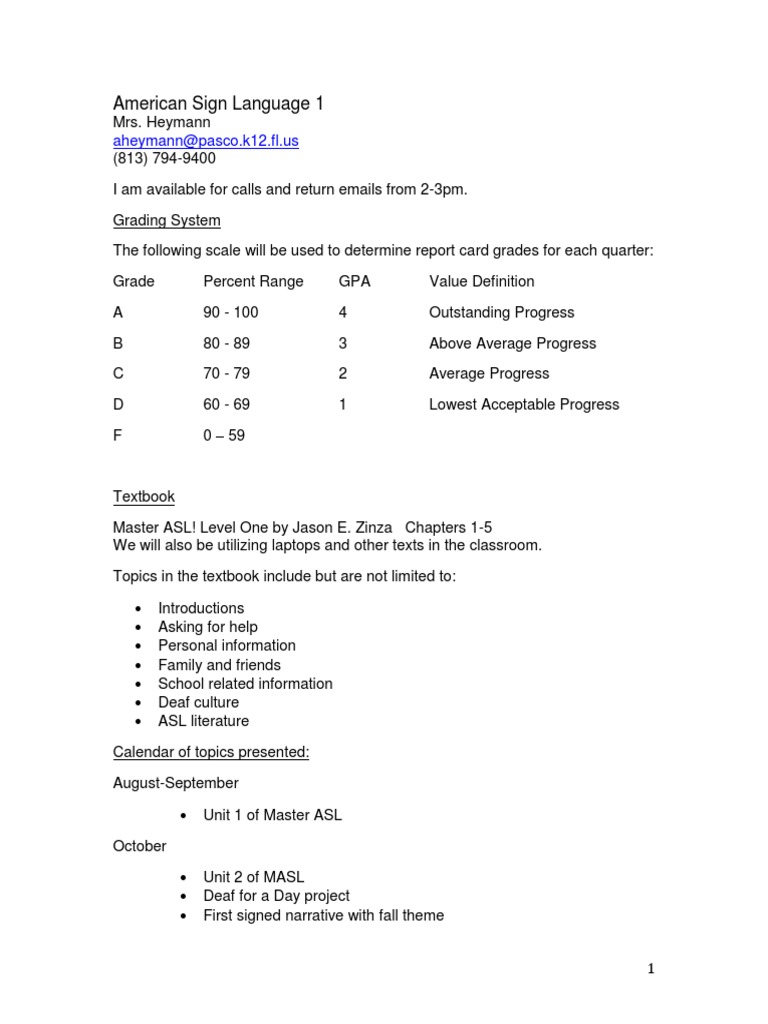 American Sign Language 1: Aheymann@pasco.k12.fl - Us | PDF | Academic ...