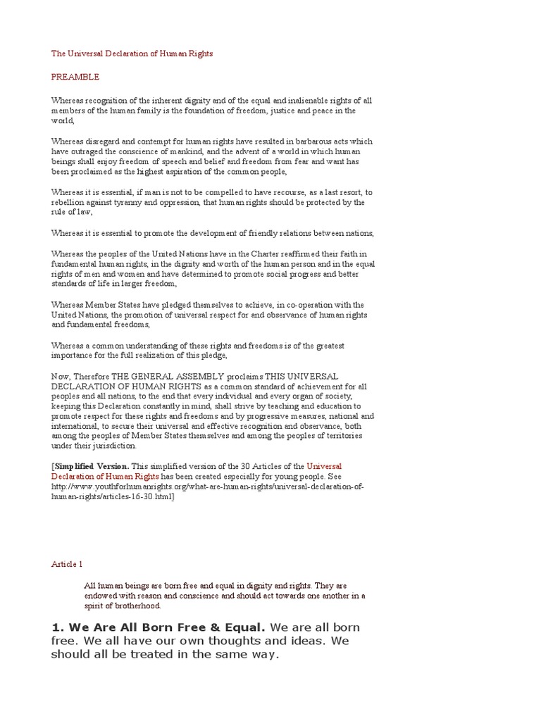 The Universal Declaration of Human Rights Preamble: 1. We Are All Born ...