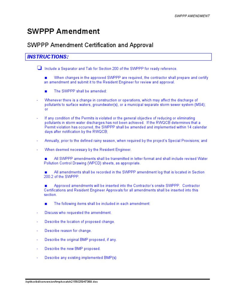 SWPPP Amendment Form 20050713 | PDF | Stormwater | Water Pollution