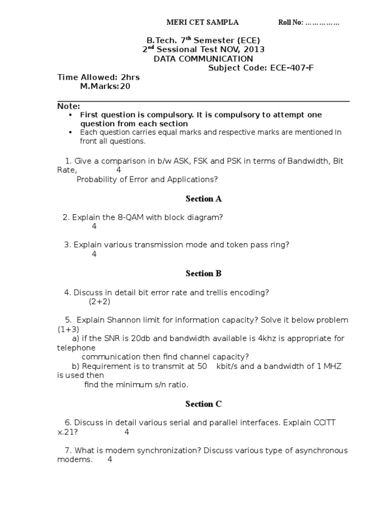 B.Tech. 7 Semester (ECE) 2 Sessional Test NOV, 2013 Data Communication ...
