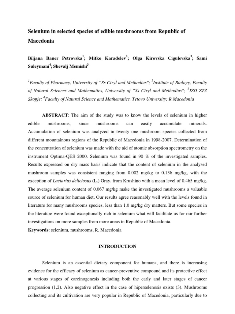 Selenium in Edible Mushrooms, Macedonia | PDF | Selenium | Mushroom