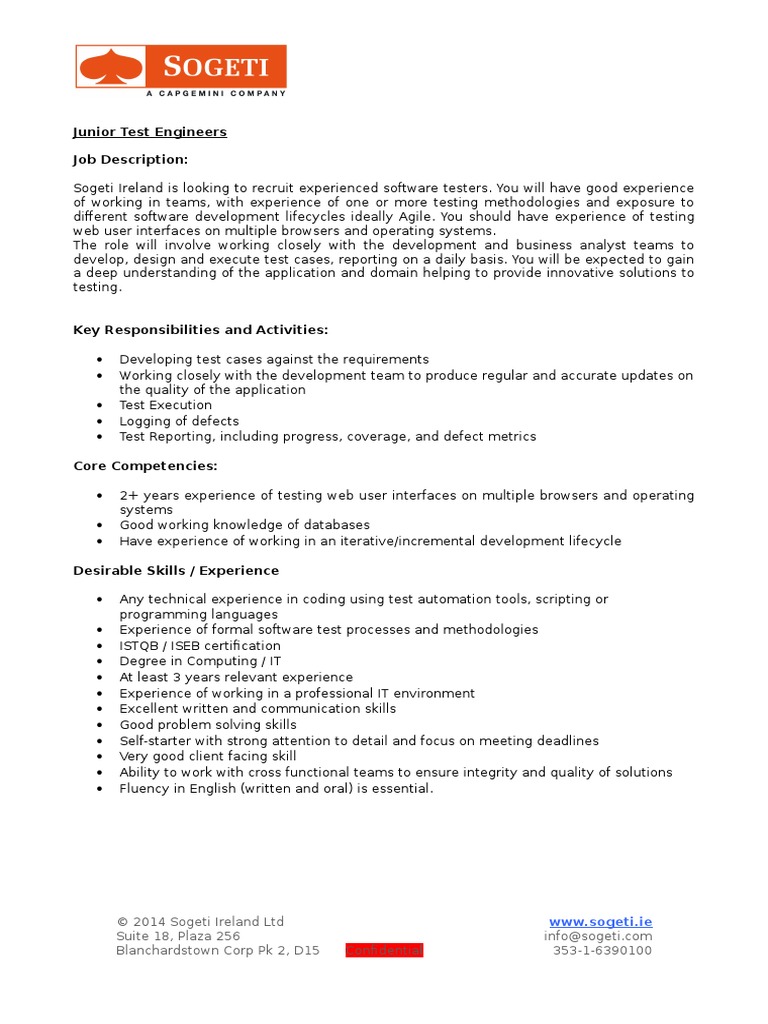 Junior Test Engineer Job Overview | PDF