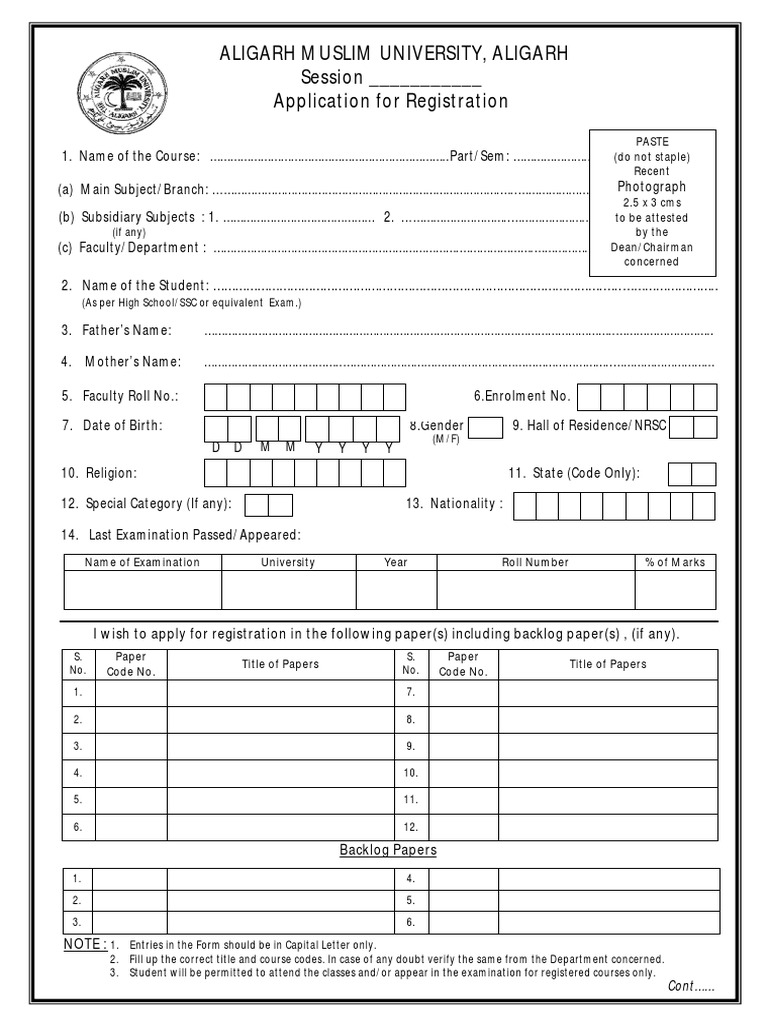 Registration Form Aligarh Muslim University | PDF | Government ...