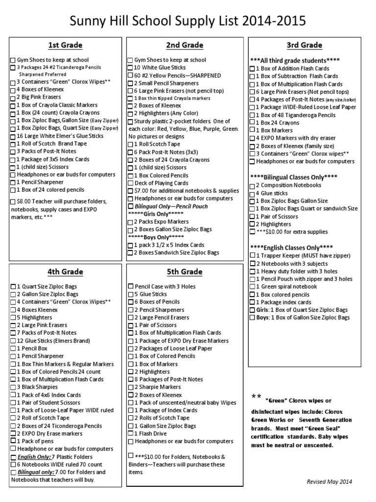 Sunny Supply List 14-15 Eng | PDF | Pencil | Stationery