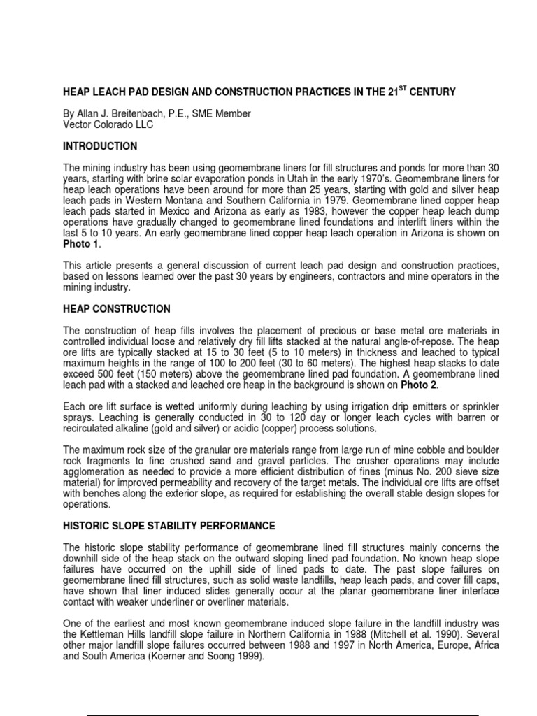 Heap Leach Pad Design and Construction Practices in The 21st Century ...