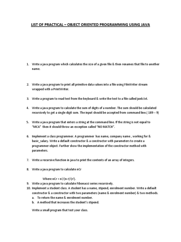 List of Practical - Object Oriented Programming Using Java | PDF | Java (Programming Language ...