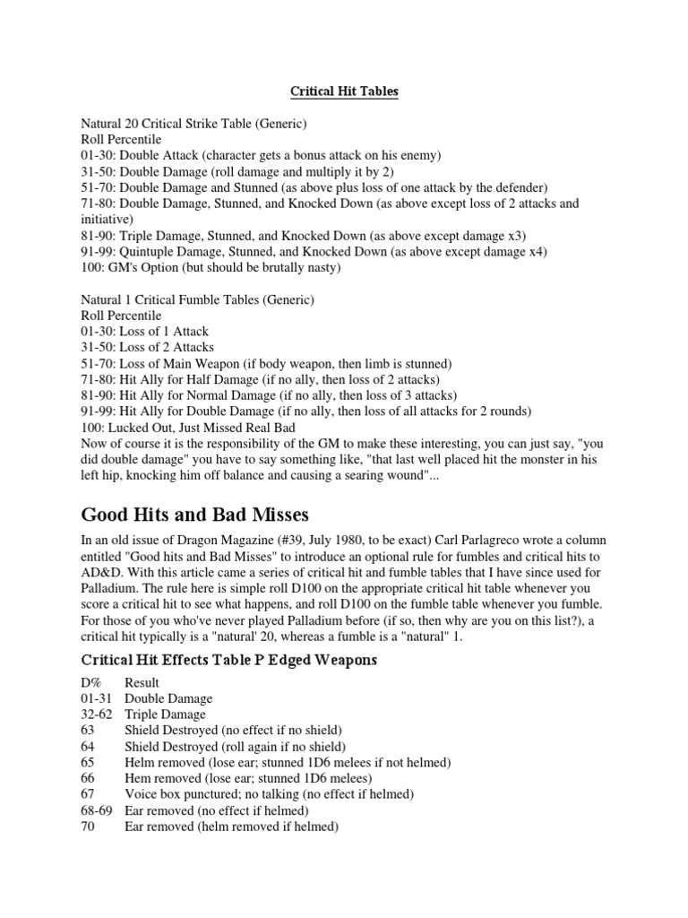 Critical Hit and Fumble Tables Guide | PDF | Thorax | Leisure