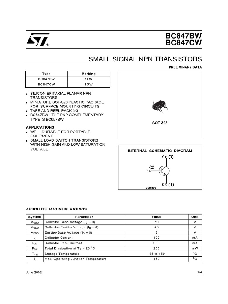 BC847BW BC847CW: Small Signal NPN Transistors | PDF | Bipolar Junction ...
