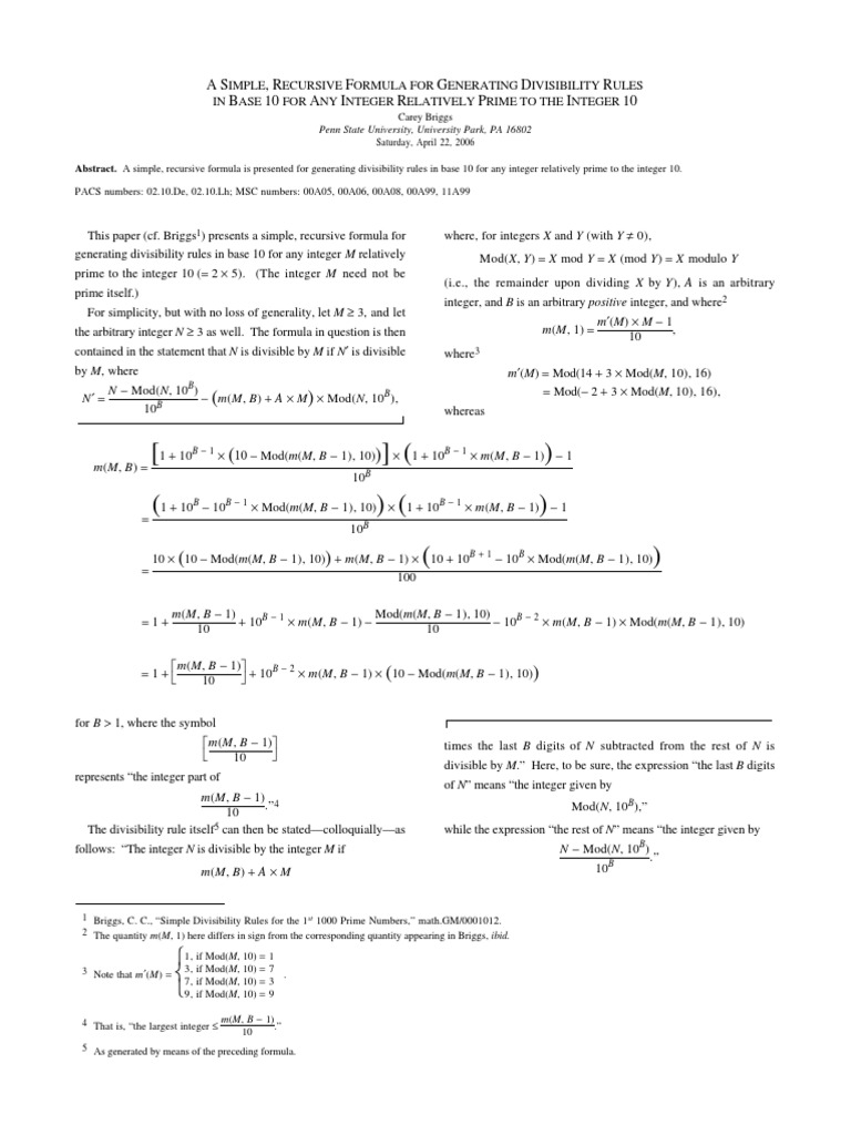 A Simple, Recursive Formula For Generating Divisibility Rules in Base 10 For Any Integer ...