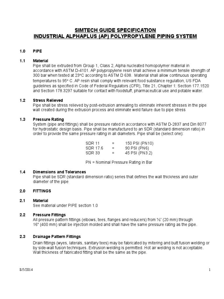 Simtech Guide Specification Industrial Alphaplus (Ap) Polypropylene Piping System | PDF | Pipe ...