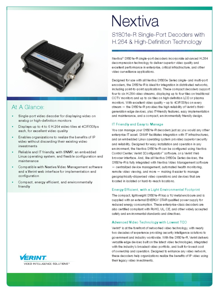 Nextiva S1801e-R Decoder Data Sheet | PDF | H.264/Mpeg 4 Avc | Video