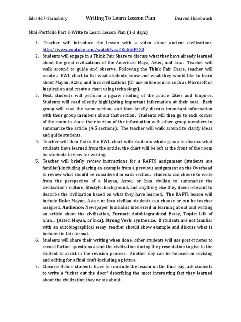Writing To Learn Lesson Plan | PDF | Lesson Plan | Teaching