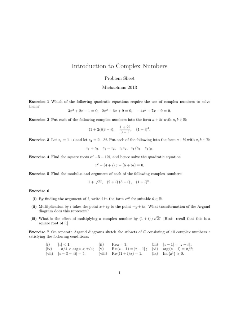 Introduction To Complex Numbers: Problem Sheet Michaelmas 2013 | PDF ...