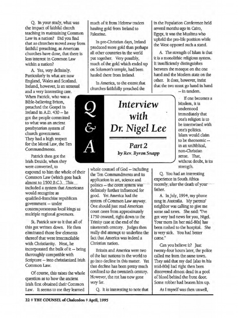 1995 Issue 4 - Interview With Dr. Nigel Lee Part 2 - Counsel of ...