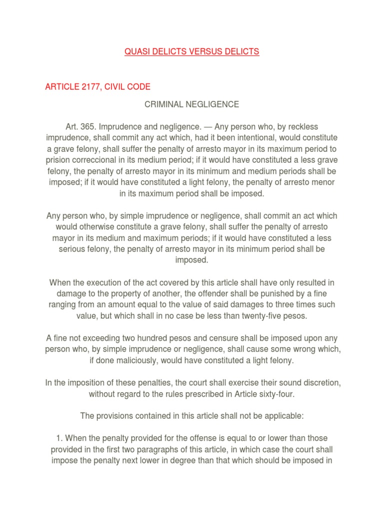 Quasi Delicts Versus Delicts | PDF | Felony | Negligence
