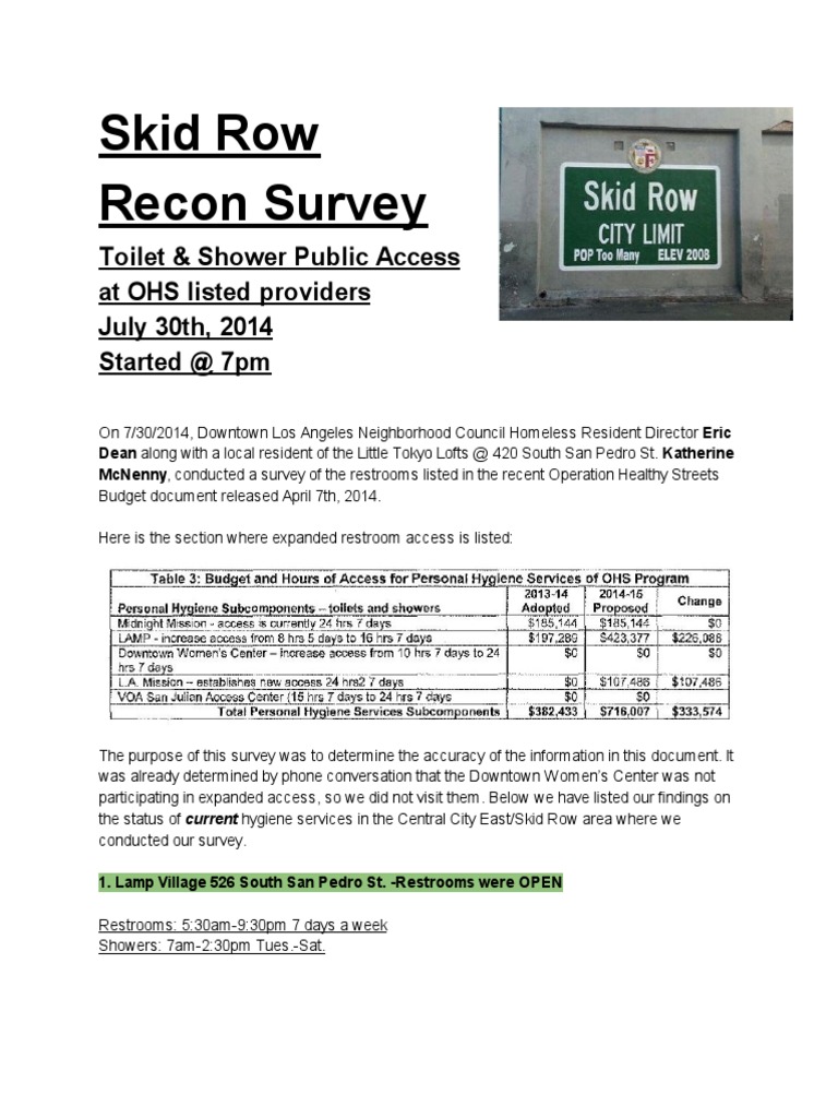 Skid Row Hygiene Access Survey Findings | PDF | Public Toilet | Business